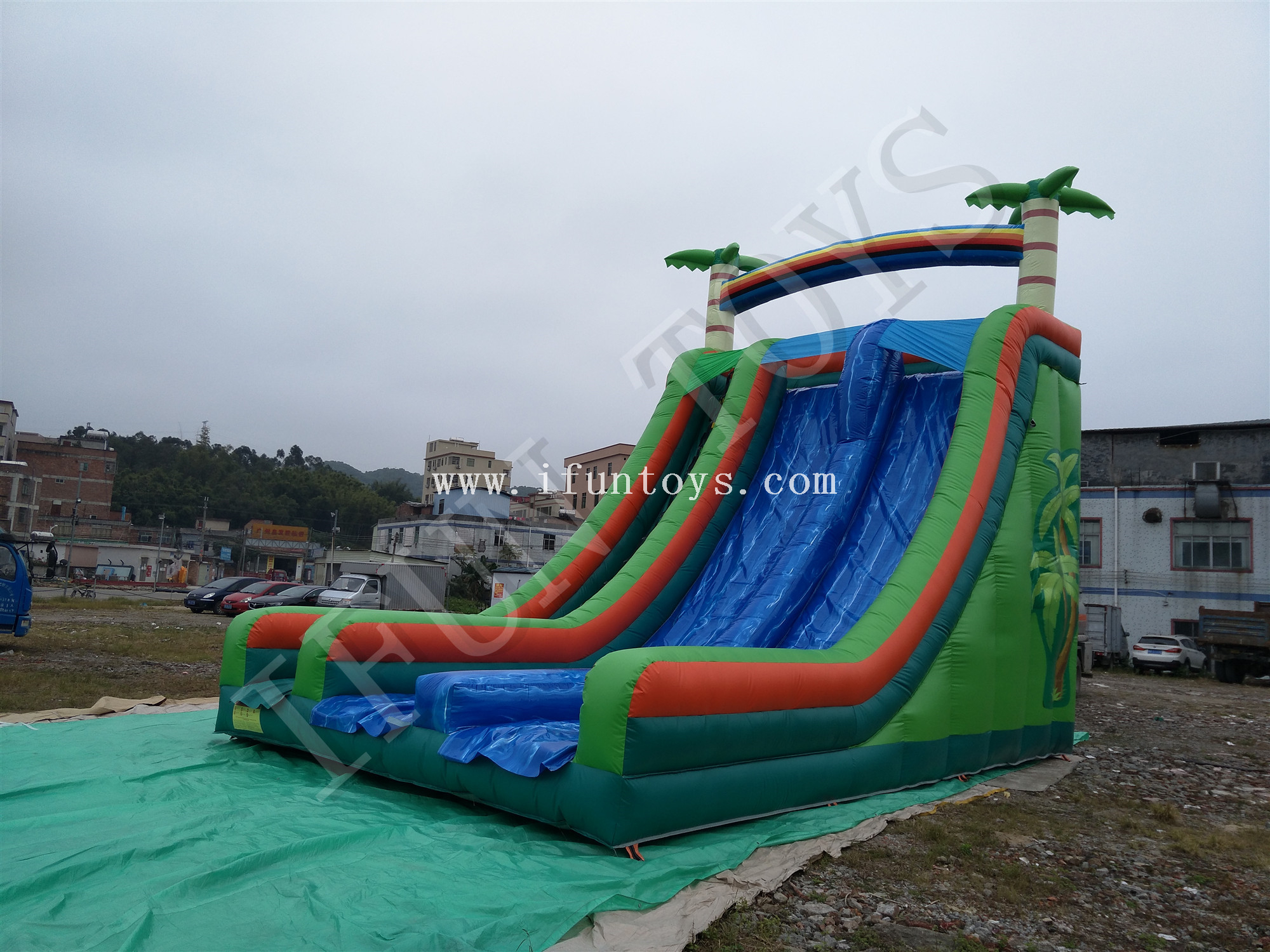 Tropical Theme Inflatable Double Lines Water Slide / Inflatable Palm ...